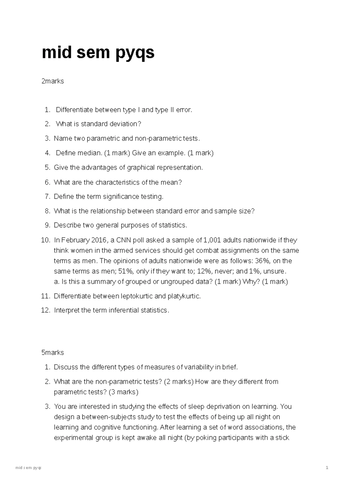 Mid sem pyqs TOP - mid sem pyqs 2marks 1. Differentiate between type I and type II error. 2 ...