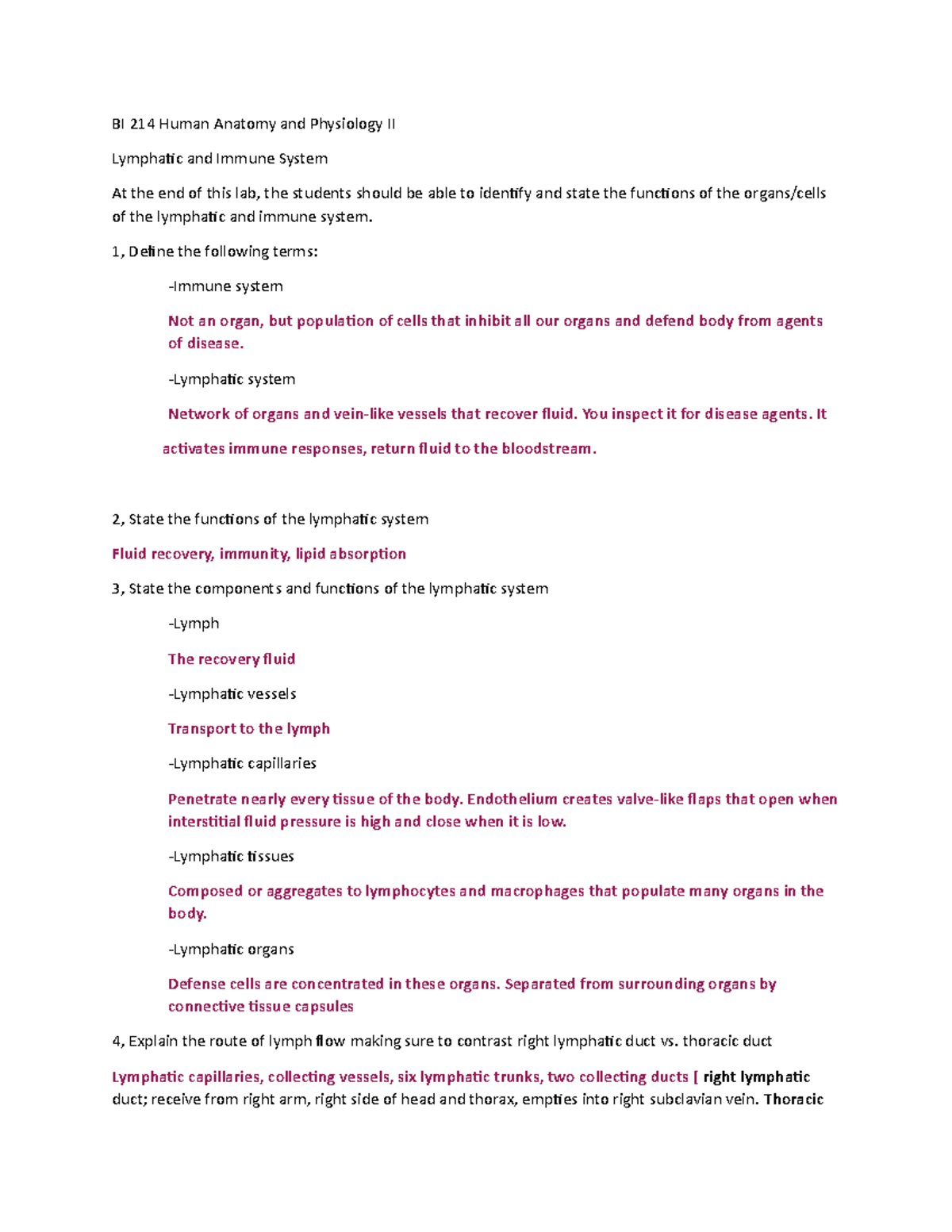 Lymph study guide - BI 214 Human Anatomy and Physiology II Lymphatic ...