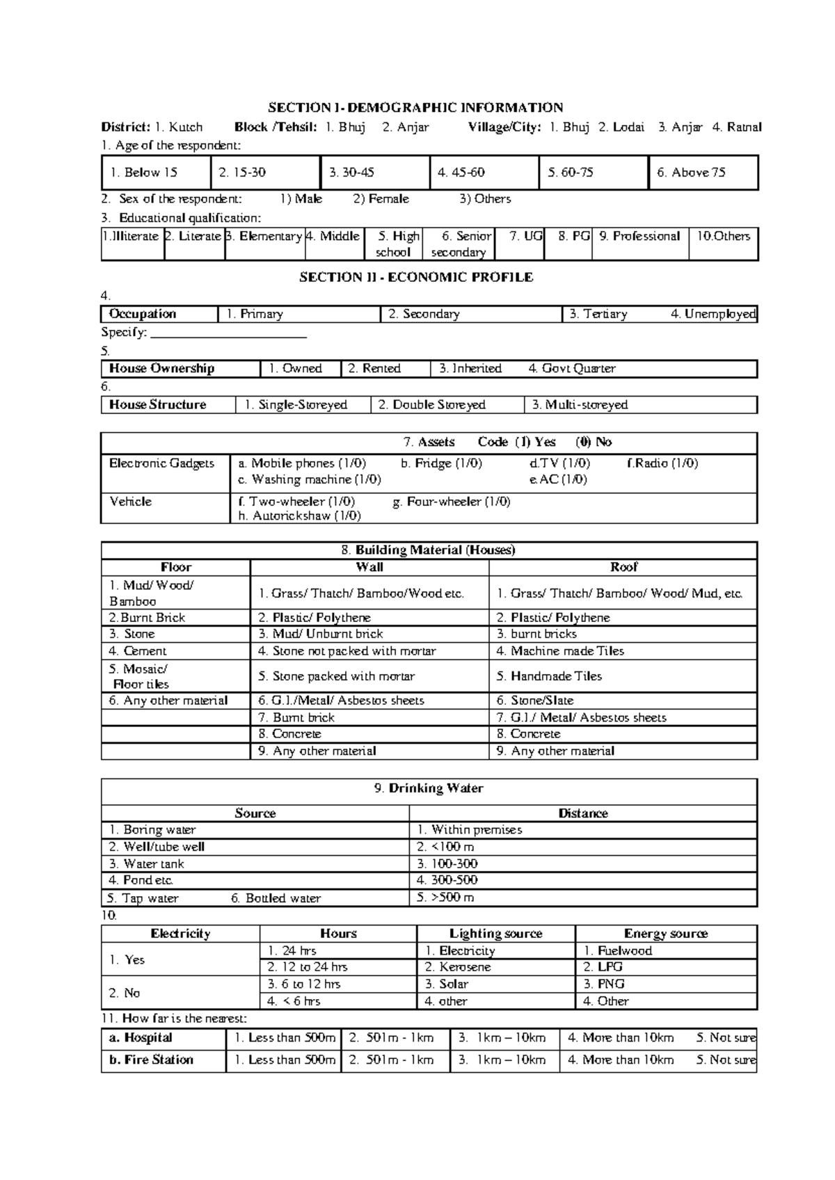 Questionnaire Earthquakes Codes - SECTION I- DEMOGRAPHIC INFORMATION ...