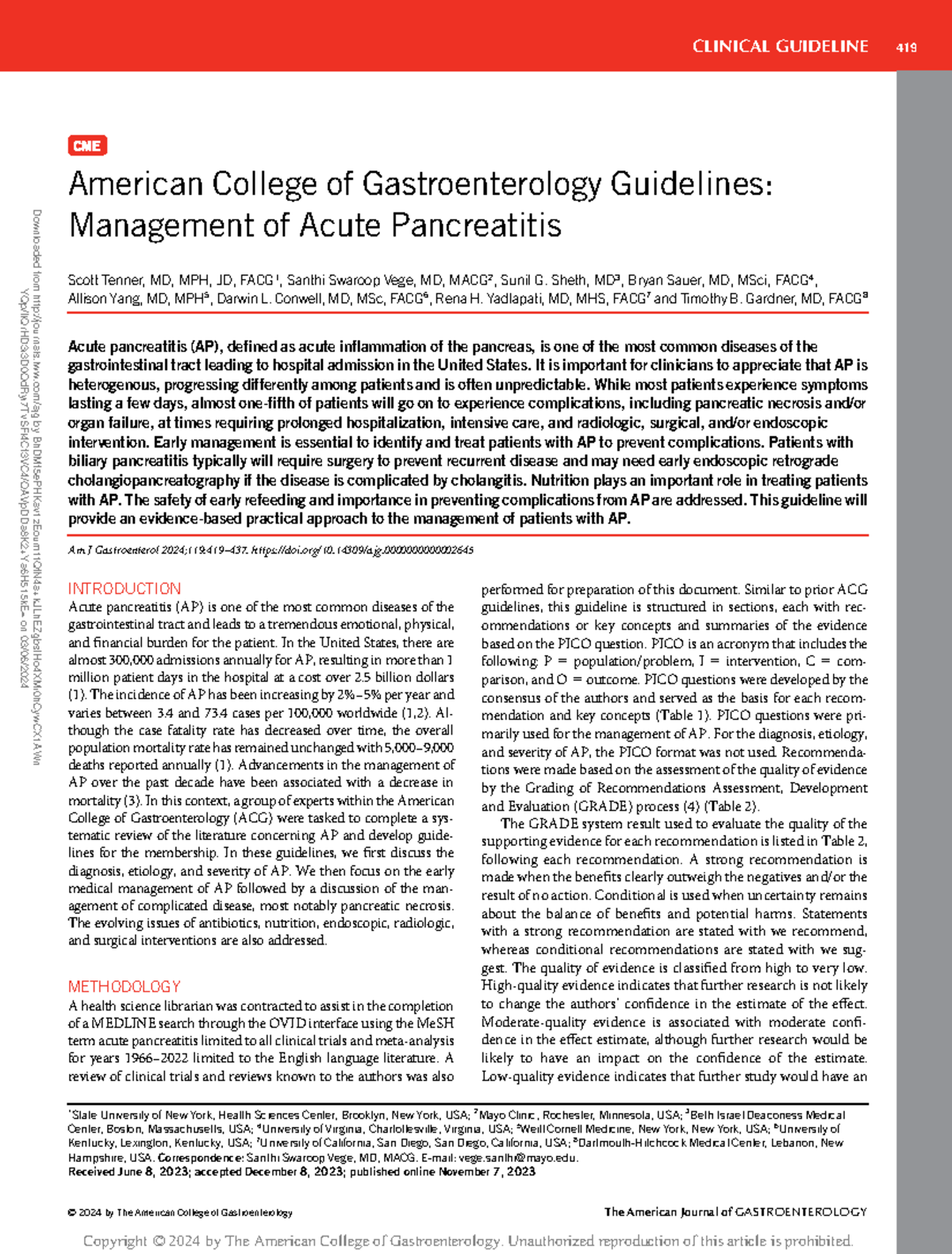 Pancreatitis Aguda ACGG 2023 - American College of Gastroenterology Guidelines: Management of ...