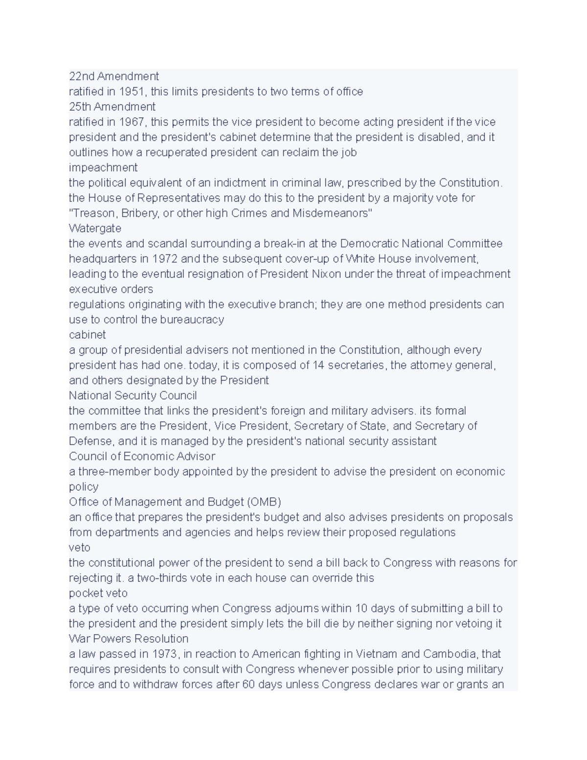 Gov 5 - exam one vocabulary and notes - 22nd Amendment ratified in 1951 ...