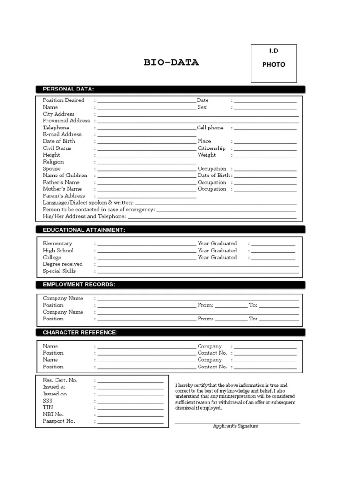 Biodata - notes about yourself - I PHOTO PERSONAL DATA: Position ...