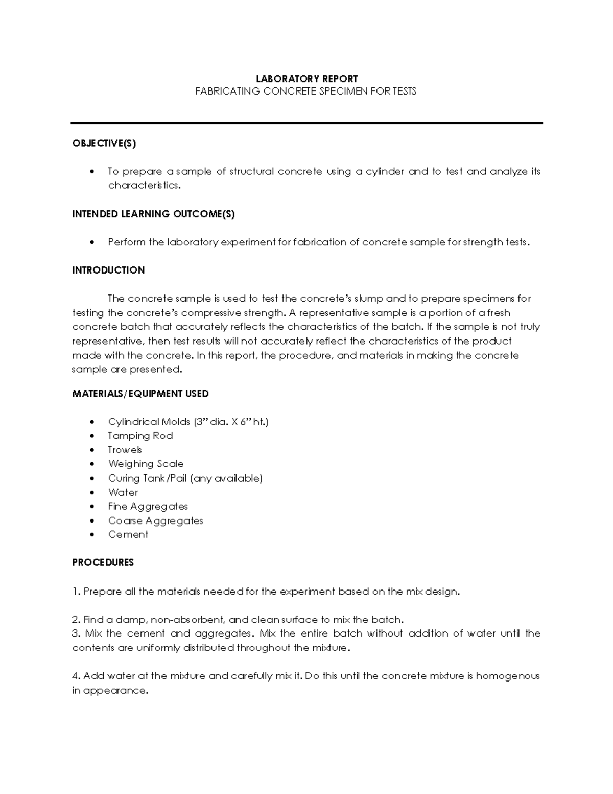 Lab Report Fabricating Concrete Specimen for - LABORATORY REPORT ...