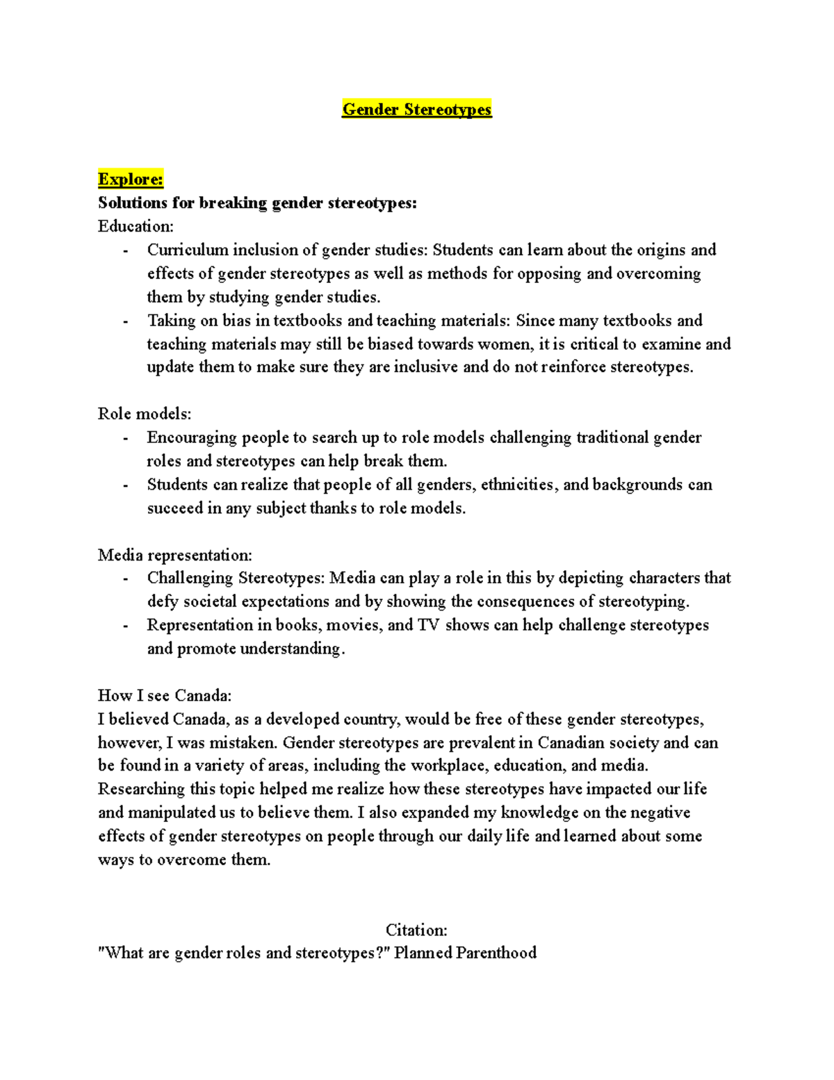 Reflection Final Evaluation Gender Stereotypes - Gender Stereotypes ...