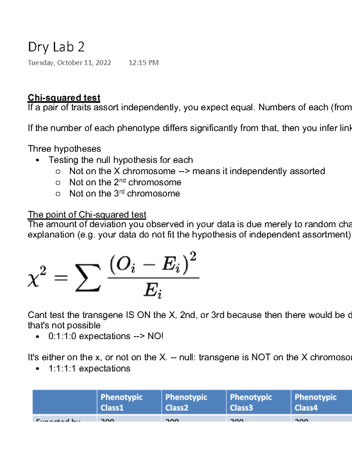 Dry Lab 2 Project 2 Notes - Chi-squared test If a pair of traits assort ...