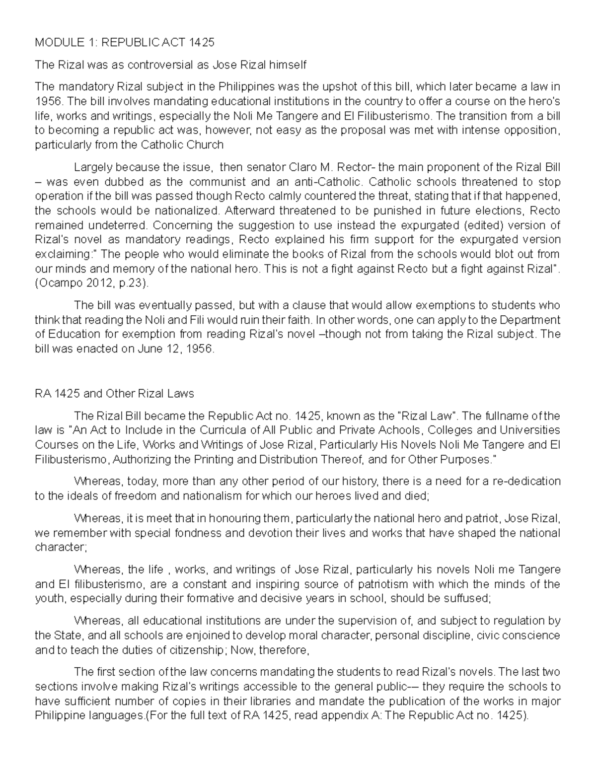 Rizal M1-M4 Notes - LWR - MODULE 1: REPUBLIC ACT 1425 The Rizal was as ...