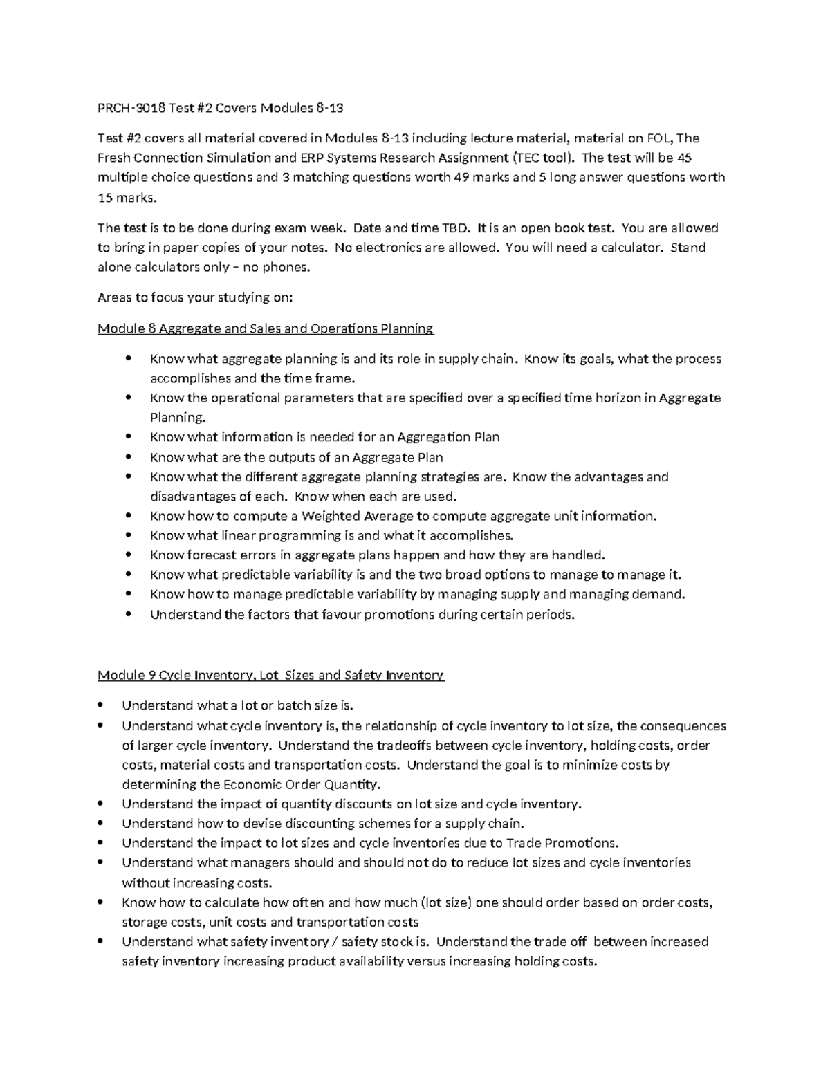 Test #2 Review - notes - PRCH-3018 Test #2 Covers Modules 8- Test #2 ...