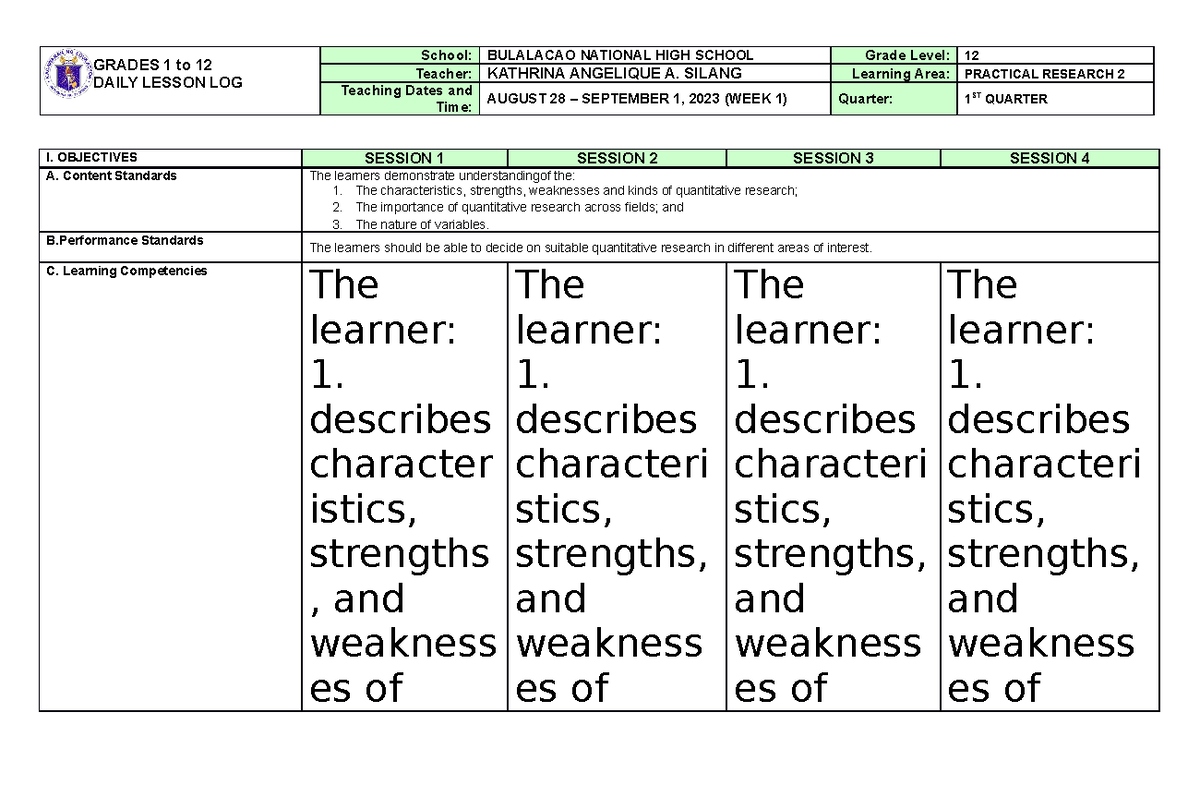 DLL PR2 Q1 W1 - Realistic Daily Lesson Log in Practical Research 2 Week 1 - GRADES 1 to 12 DAILY ...