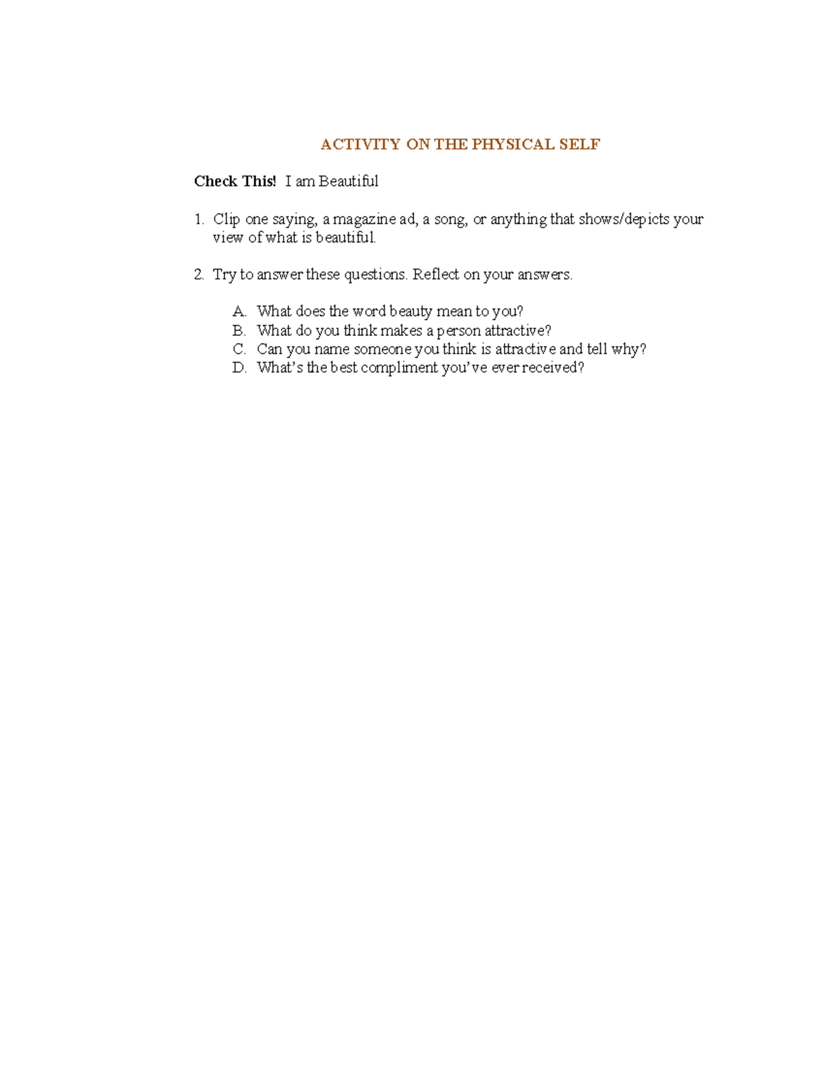 Topic 6 Activity The Physical Self - ACTIVITY ON THE PHYSICAL SELF ...