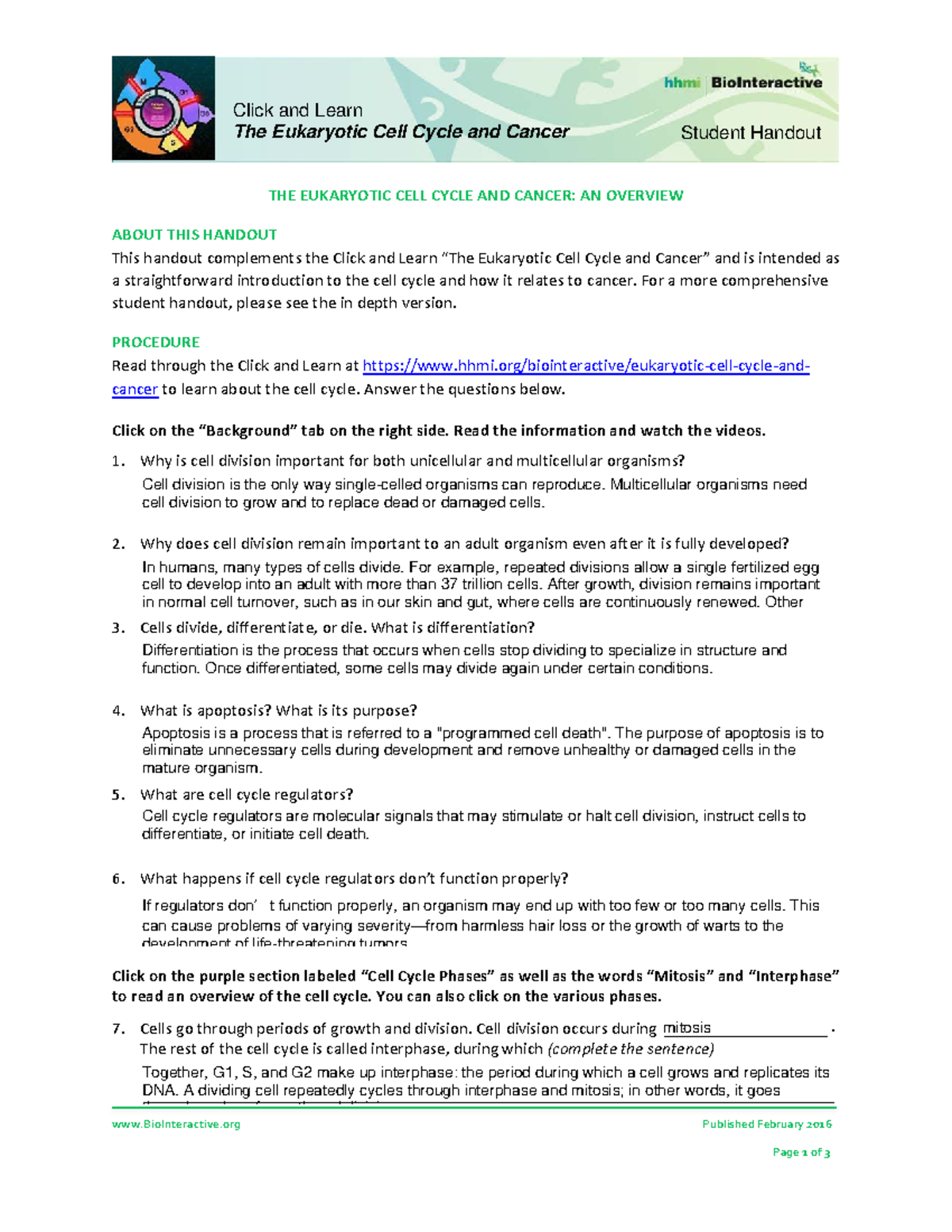 Cell-Cycle-and-Cancer-Overview - BioInteractive Published February 2016 ...