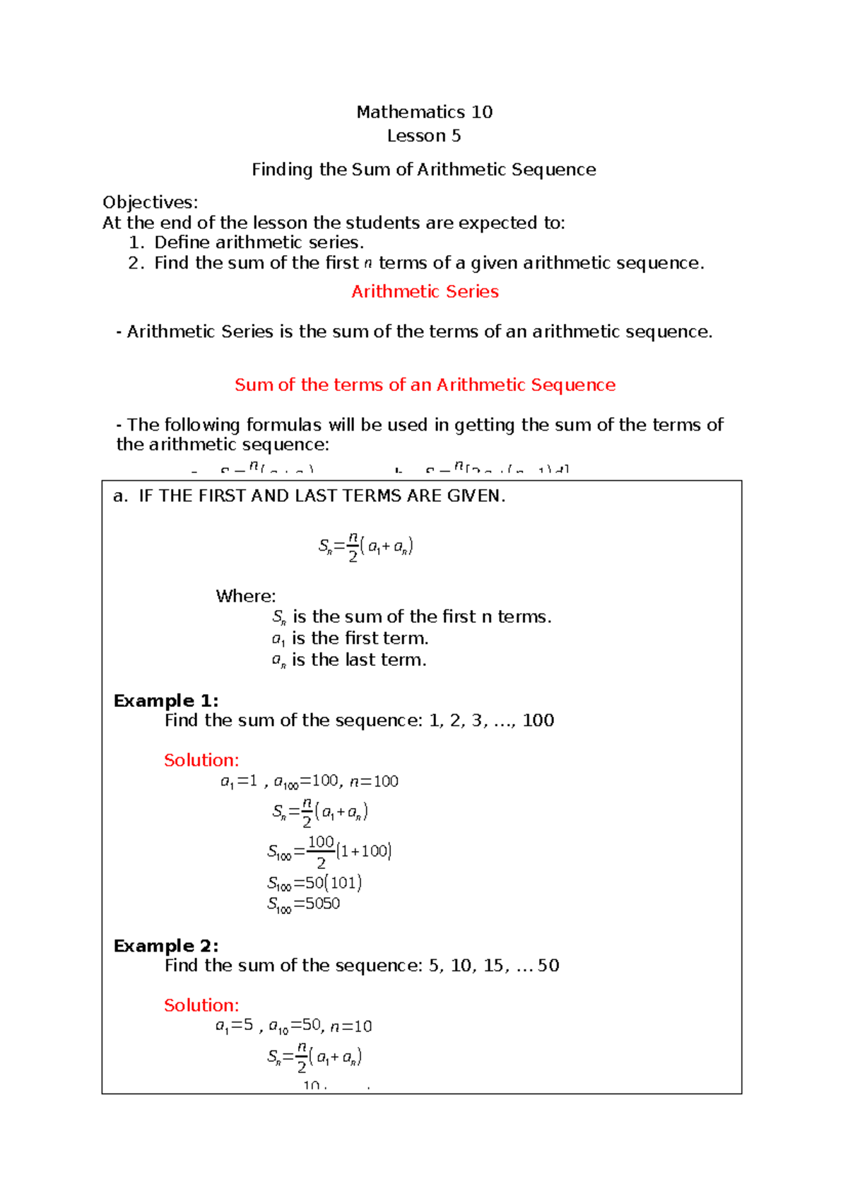 Mathematics 10 lesson 5 - Mathematics 10 Lesson 5 Finding the Sum of ...