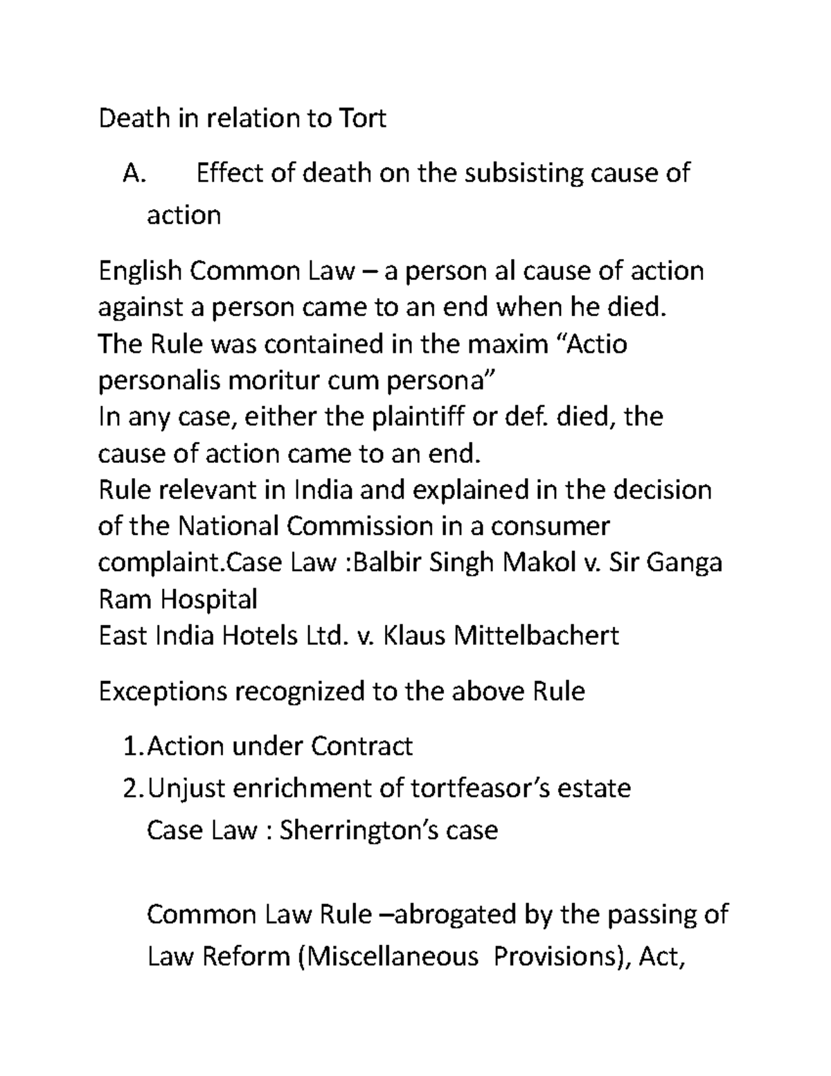 Death in relation to Tort - Effect of death on the subsisting cause of ...
