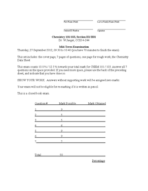 Sample Midterm Exam (Key) - Name: Student ID: 1 Chemistry 101 Sample ...