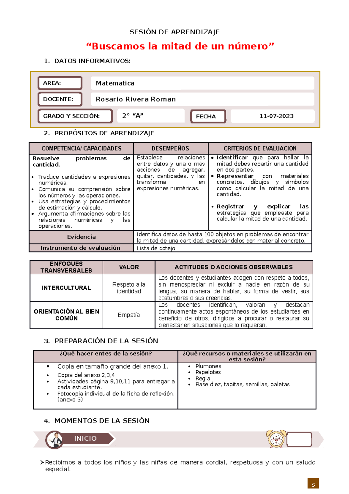 Matematica-La Mitad de un número-11-07-23 - SESIÓN DE APRENDIZAJE “Buscamos la mitad de un ...