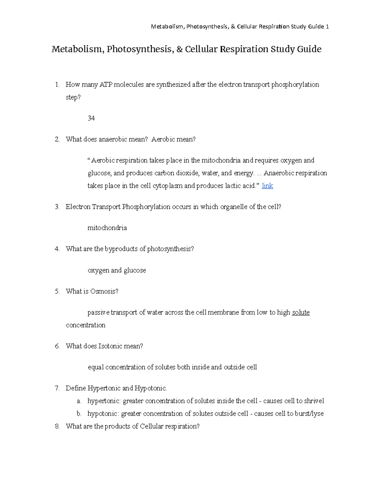 Metabolism, Photosynthesis, & Cellular Respiration Study Guide ...