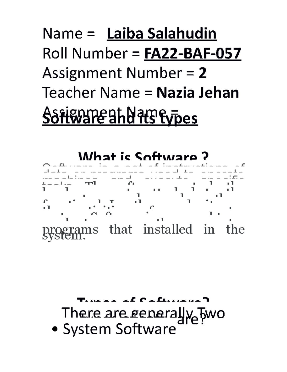 Assignment no 2 - Good - Name = Laiba Salahudin Roll Number = FA22-BAF- Assignment Number = 2 ...