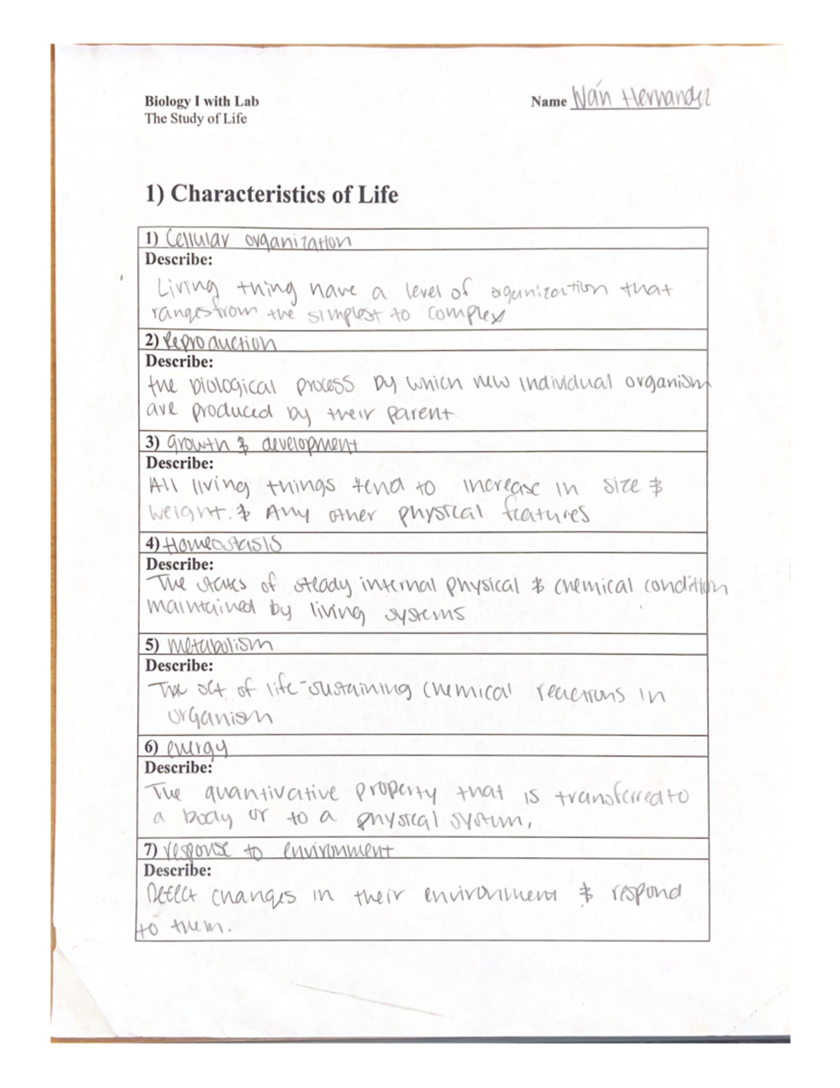 1) Characteristics Of Life - Biology I with Lab Name Wan Hernander The ...