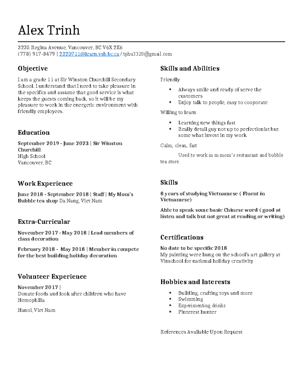 Resume practices - Alex Trinh 3235 Regina Avenue, Vancouver, BC V6X 2K (778) 917-8479 | - Studocu