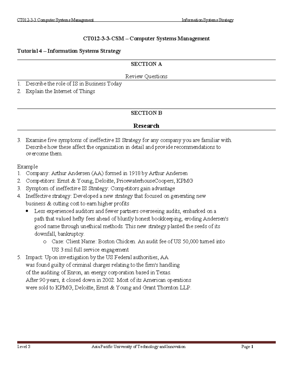 Tutorial 4 Information Systems Strategy - question - CT012-3-3 Computer ...