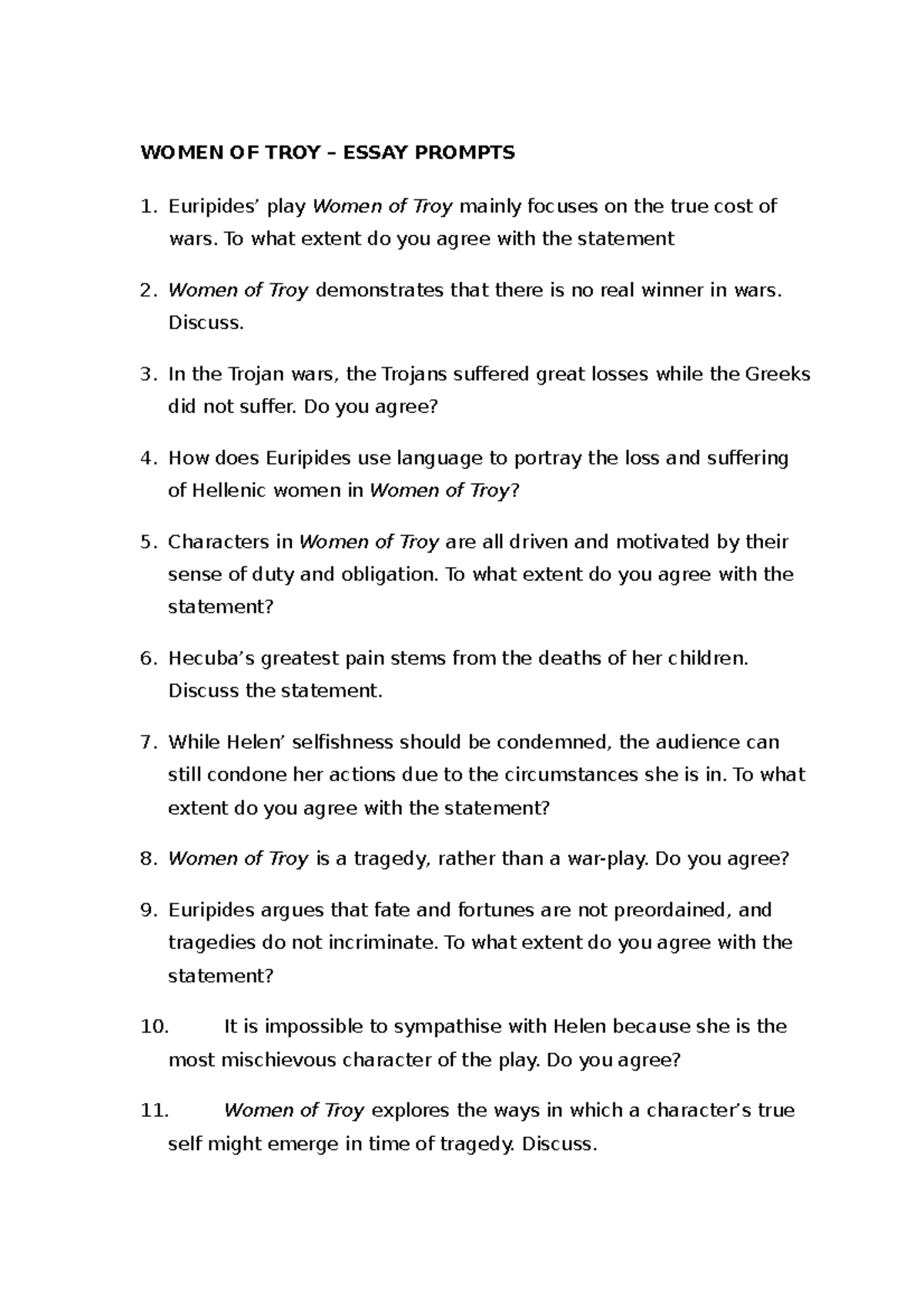 Women OF TROY - Essay PROMPTS - WOMEN OF TROY – ESSAY PROMPTS Euripides ...