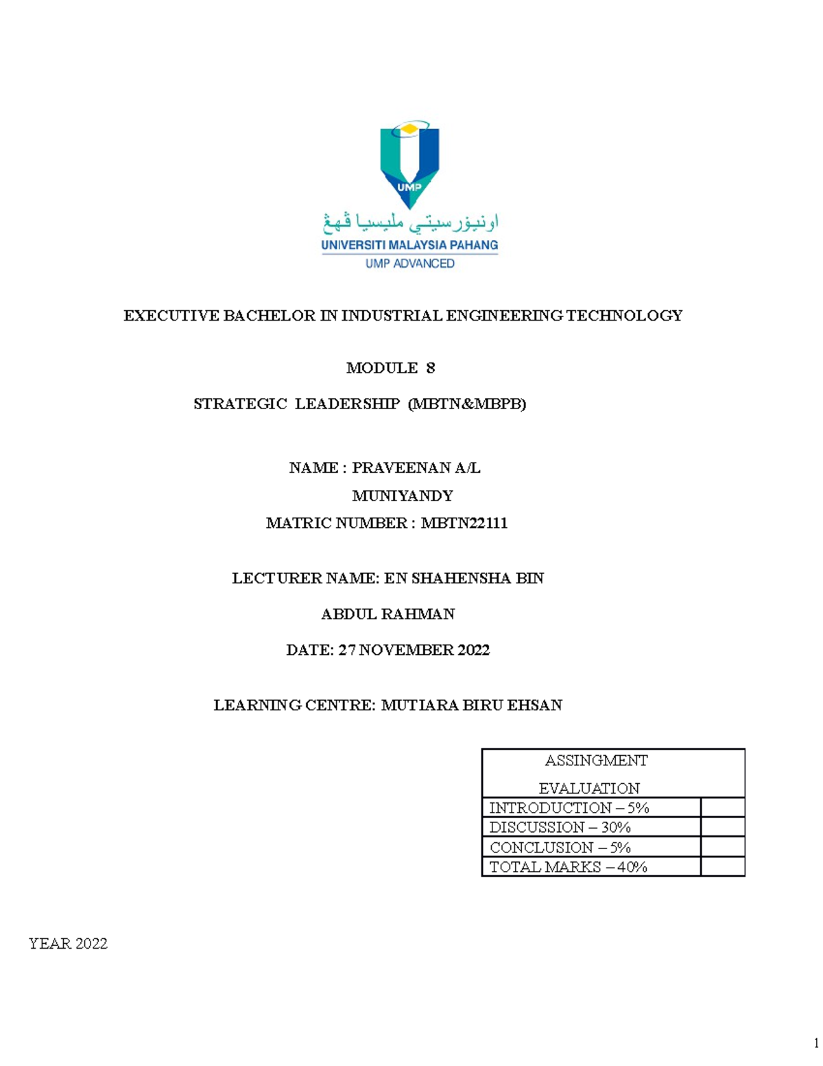 Assignment module 8 - engineering - EXECUTIVE BACHELOR IN INDUSTRIAL ...
