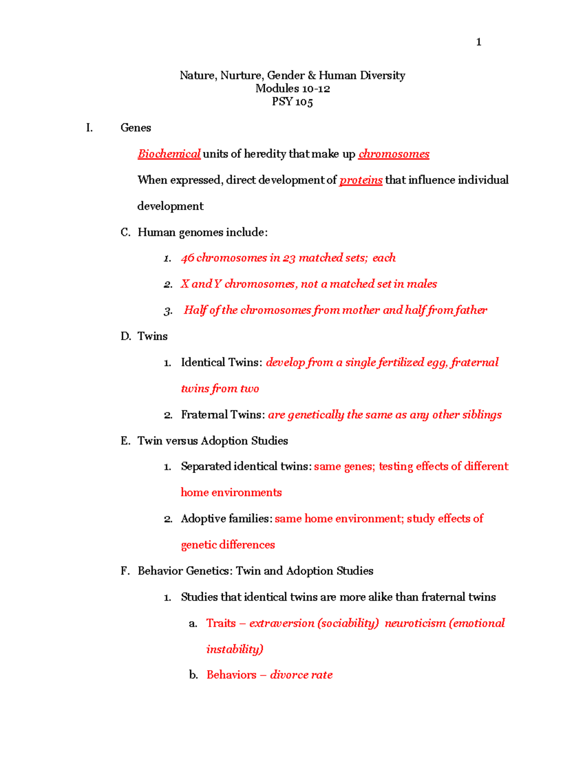 PSY105 Modules 10 - 12 Nature Nurture Notes - Nature, Nurture, Gender ...