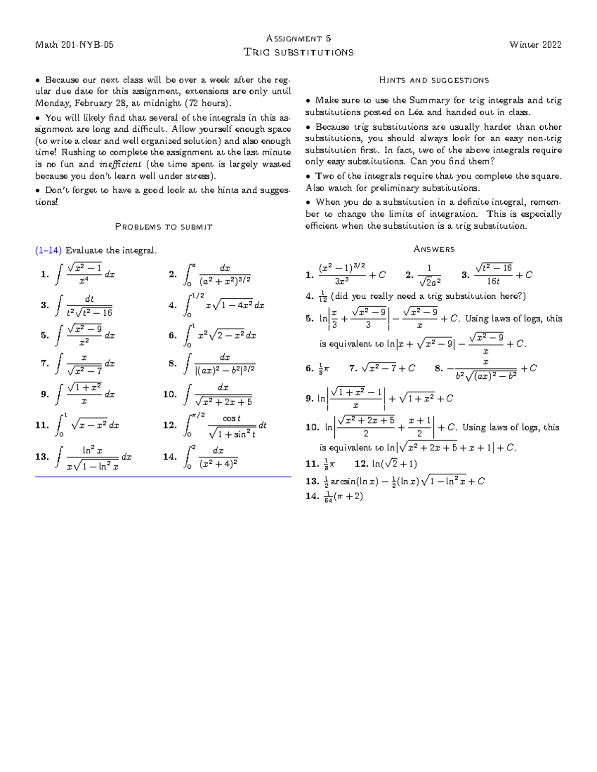 Assignment 05 - Practice - Math 201-NYB- Assignment 5 Trig ...