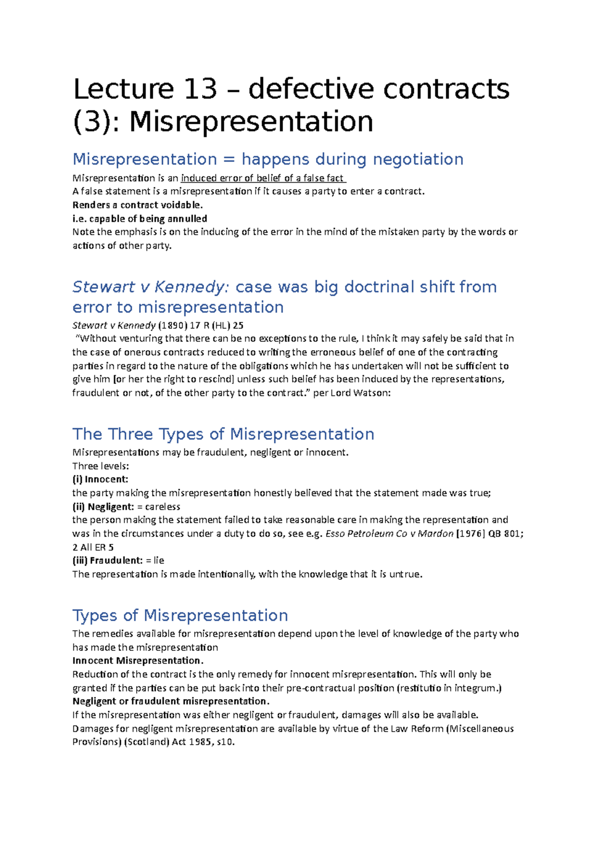 defective contracts - Lecture 13 – defective contracts (3 ...