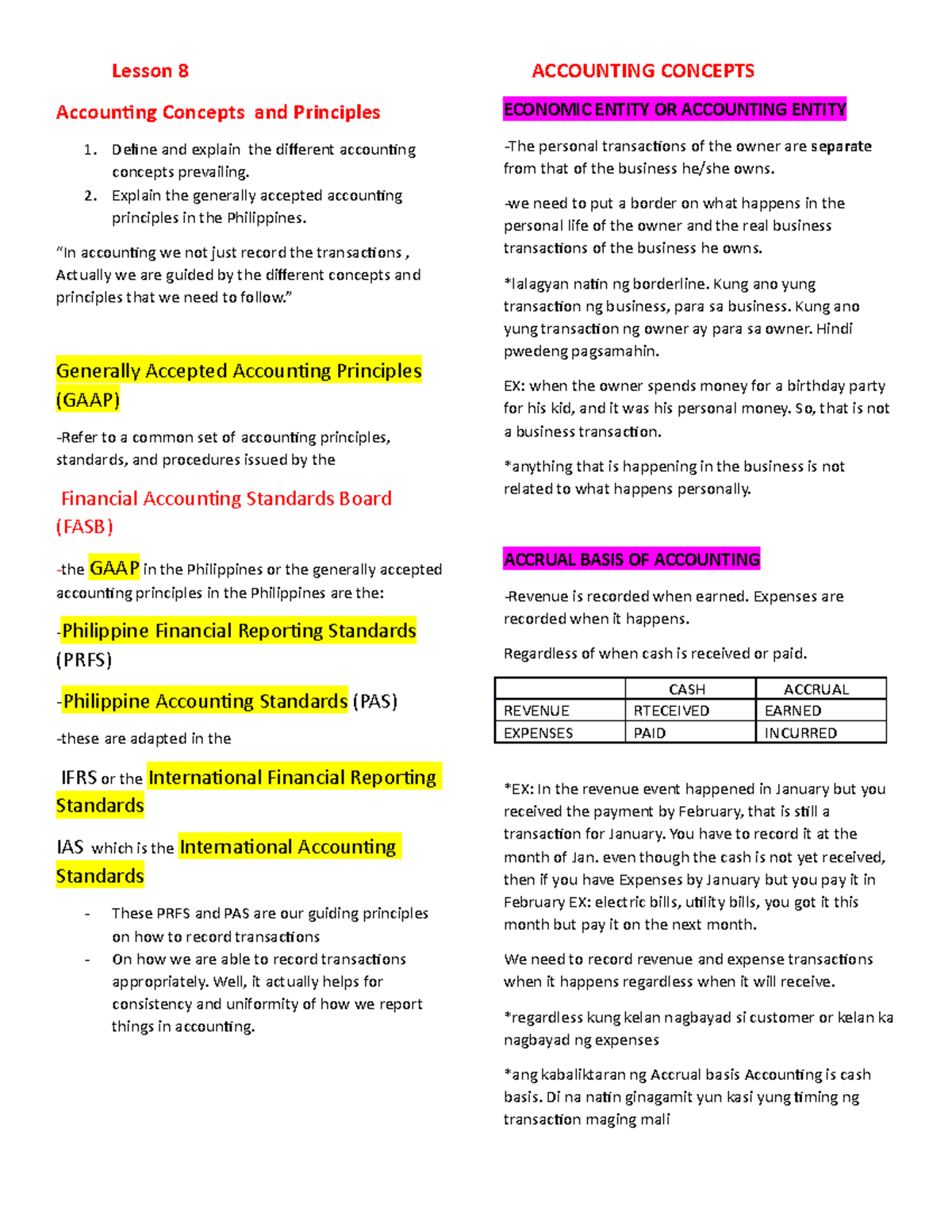 AE13Lesson 8 - Lecture notes 6 - Lesson 8 Accounting Concepts and ...