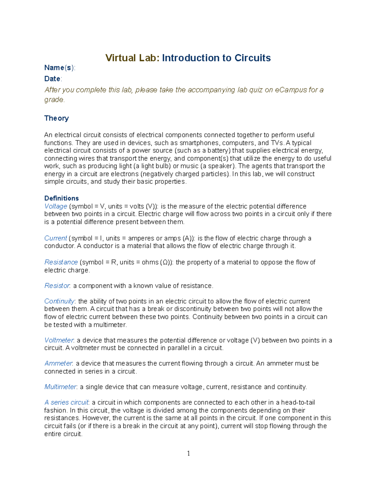 Lab - Intro to Circuits - Summer - Dr. Bhalero - Virtual Lab ...