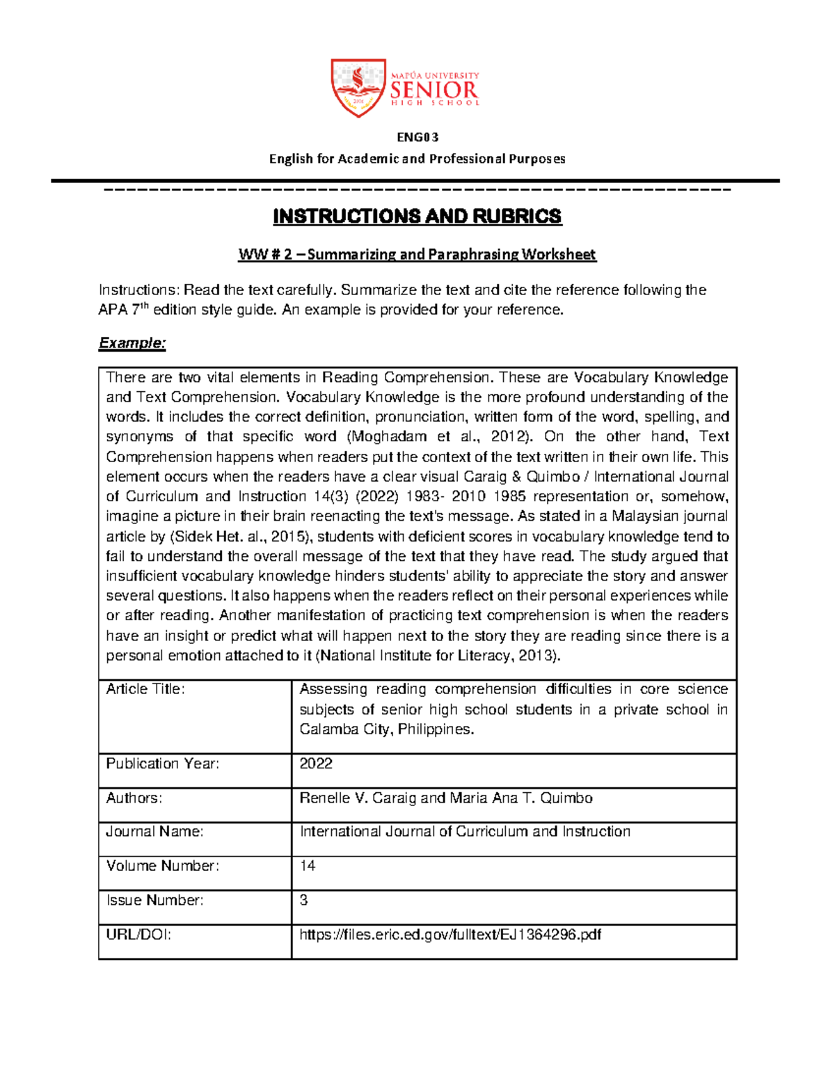 ENG03 Written Work 2 Summarizing and Paraphrasing Worksheet - English ...