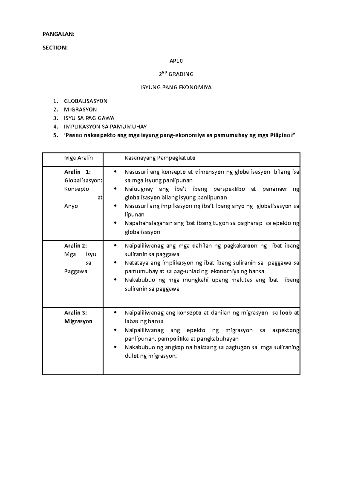 2ND- Gradding- Topic - PANGALAN: SECTION: AP 2 ND GRADING ISYUNG PANG ...