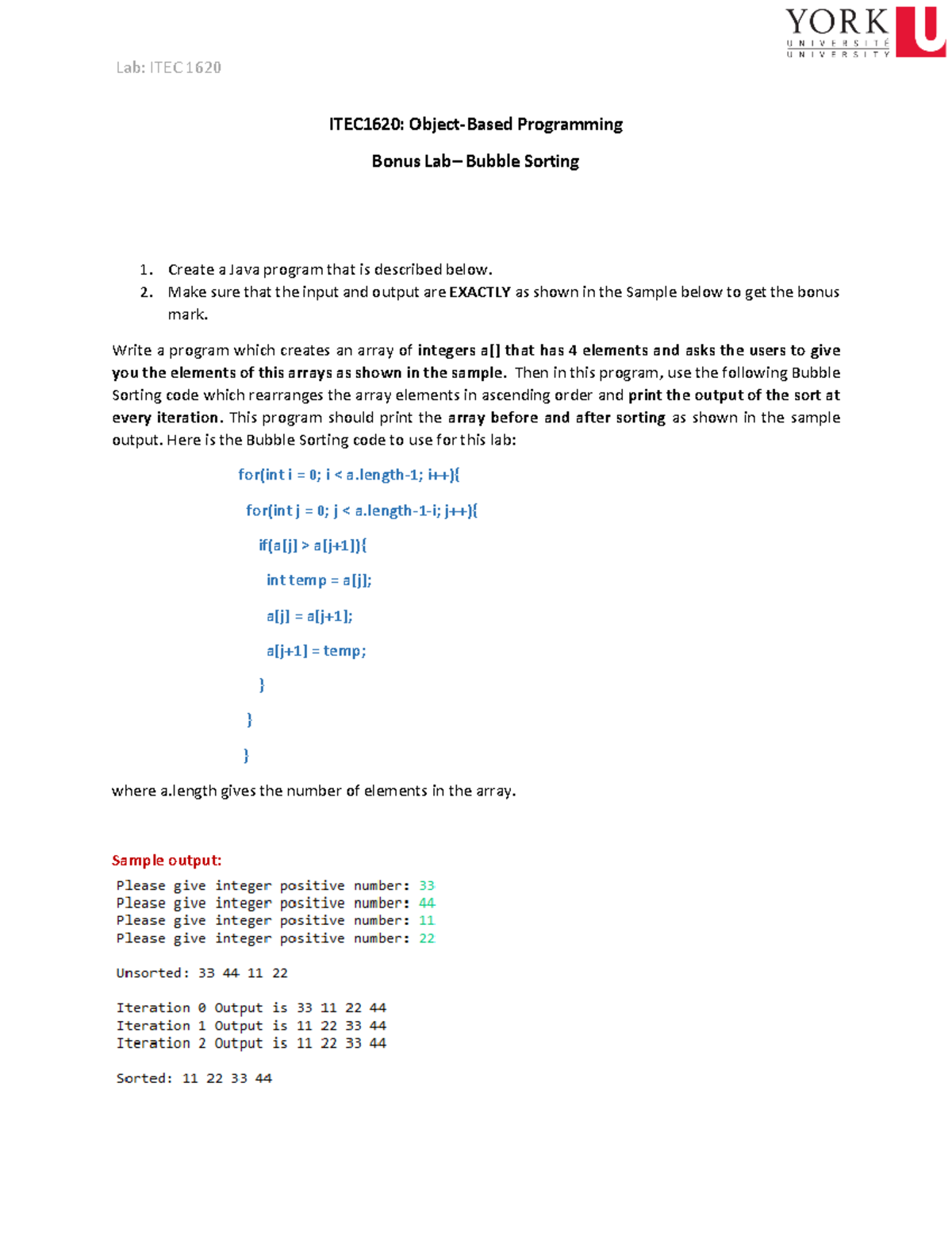 Marked Lab 2 Lab Itec 1620 Itec1620 Object Based Programming Bonus Lab Bubble Sorting