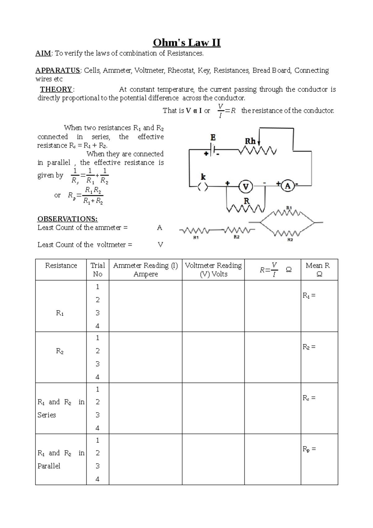 Hsslive XII Physics ohms Law 2 - Ohm's Law II AIM : To verify the laws ...