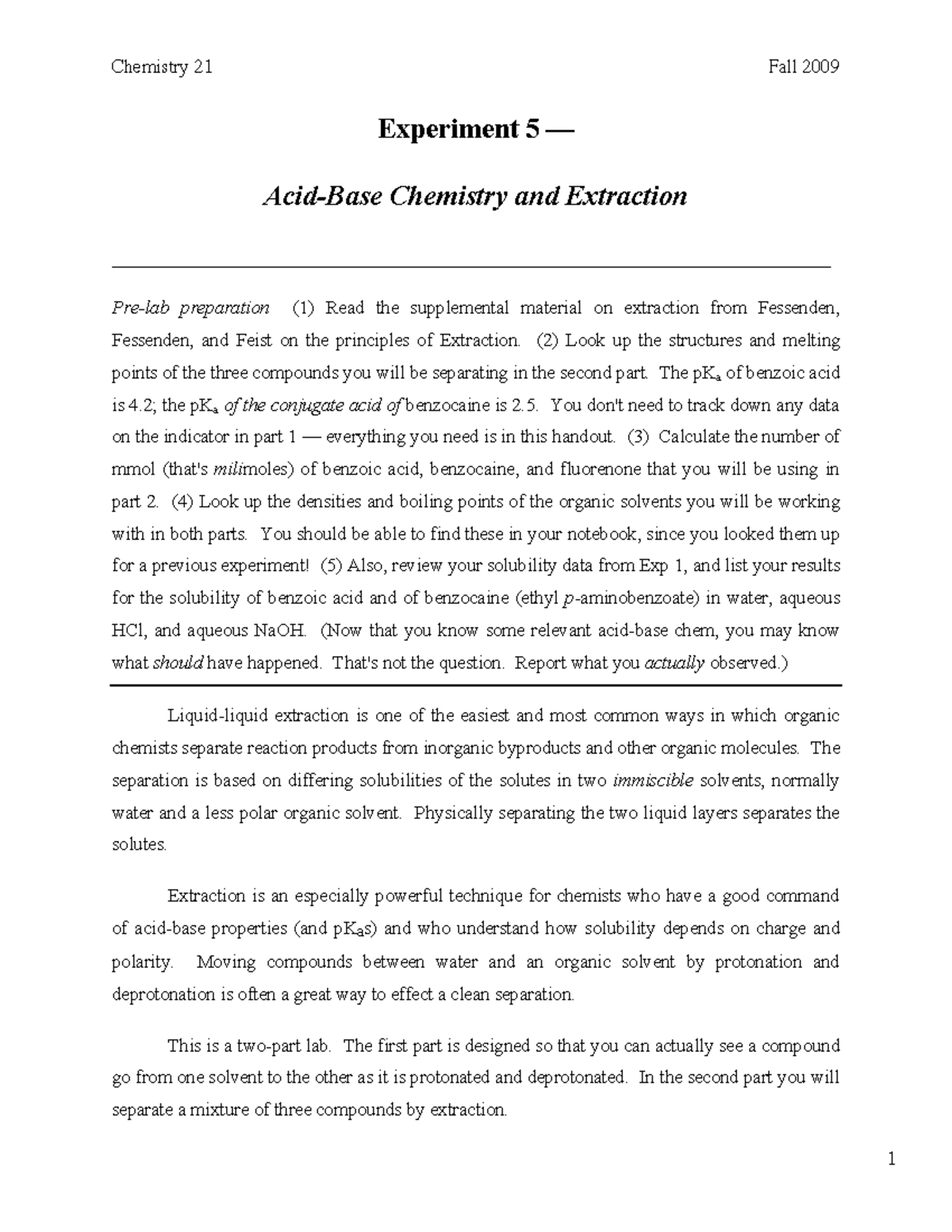 Acid-Base Chemistry and Extraction - Chemistry 21 Fall 2009 Experiment ...
