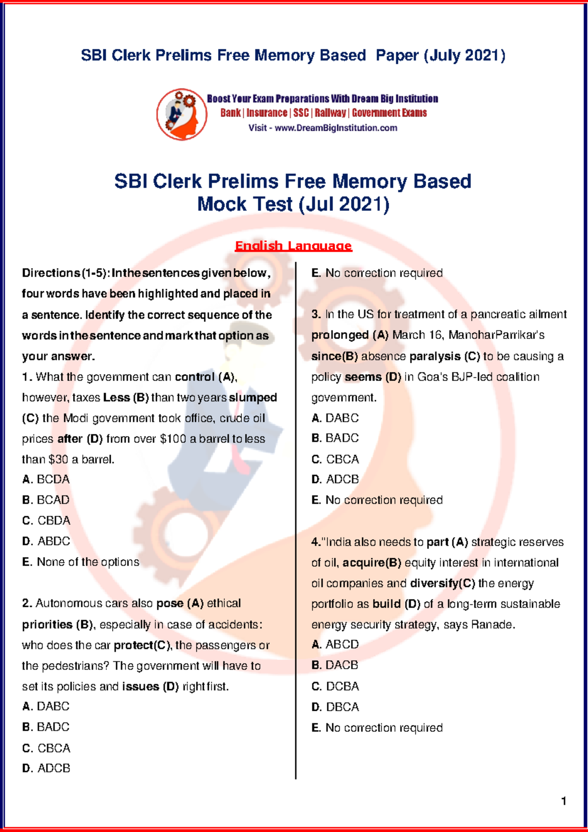 SBI Clerk Prelims Memory Based Papers 2021 - SBI Clerk Prelims Free Memory Based Paper (July ...