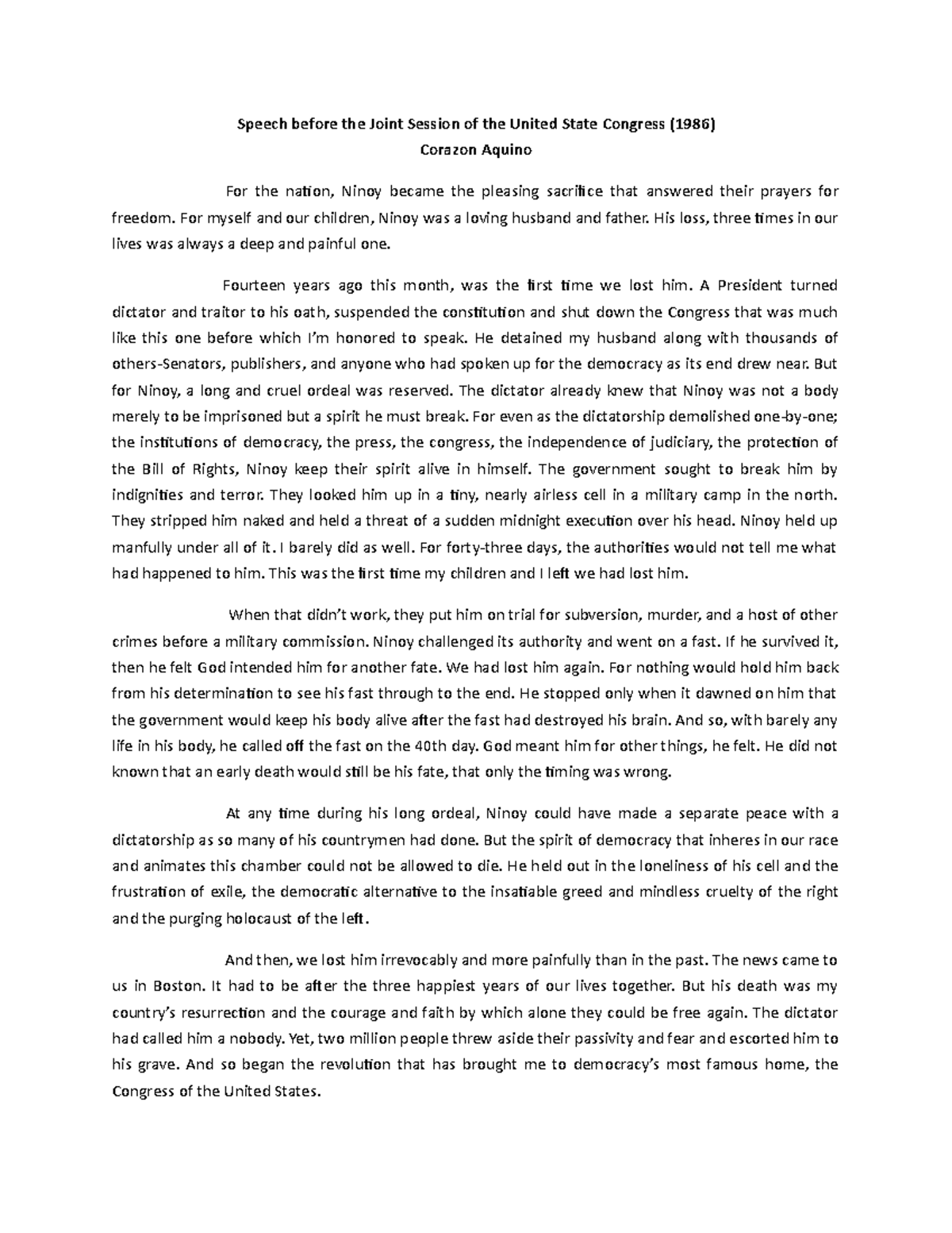 Speech before the Joint Session of the United State Congress - For ...