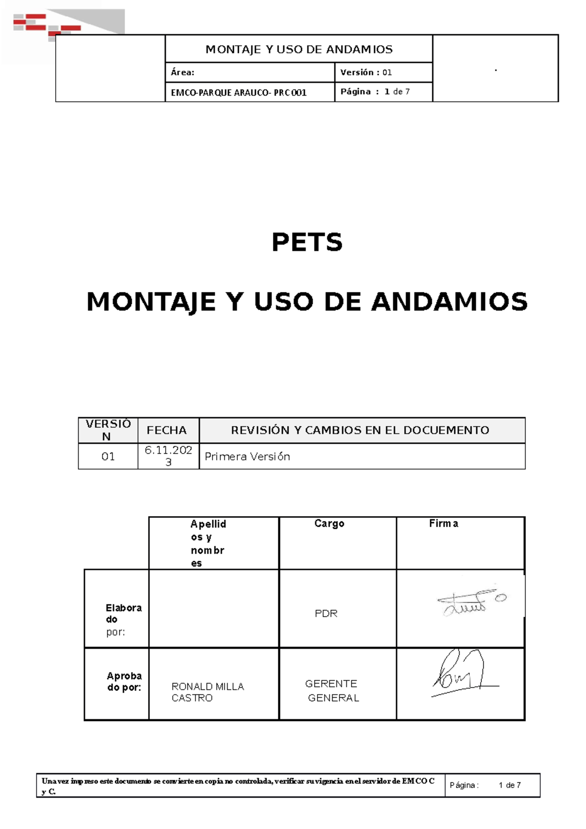 PETS. EMCO - Montaje Y Desmontaje DE Andamios - Área: Versión : 01 ...