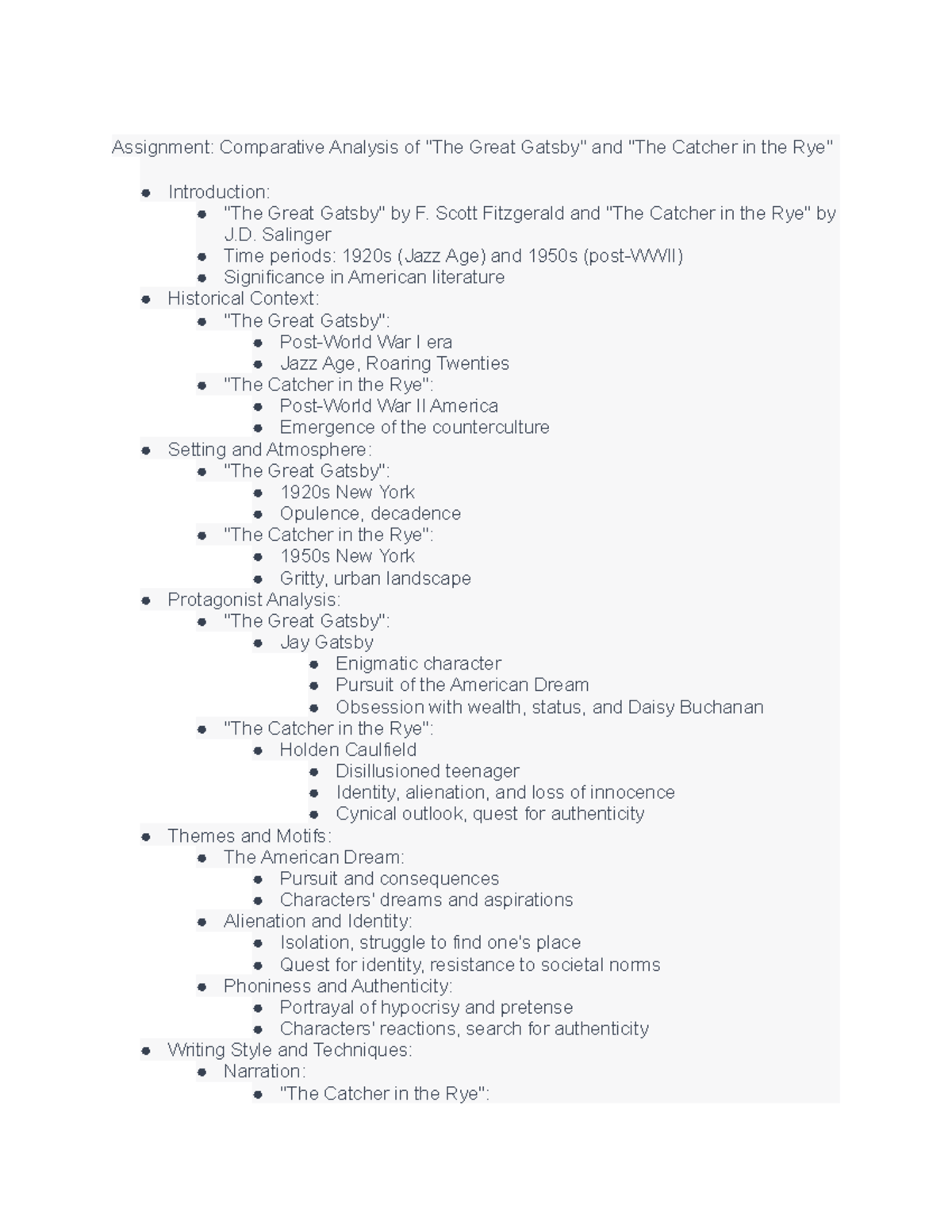 Honors ela notes - Assignment: Comparative Analysis of "The Great ...