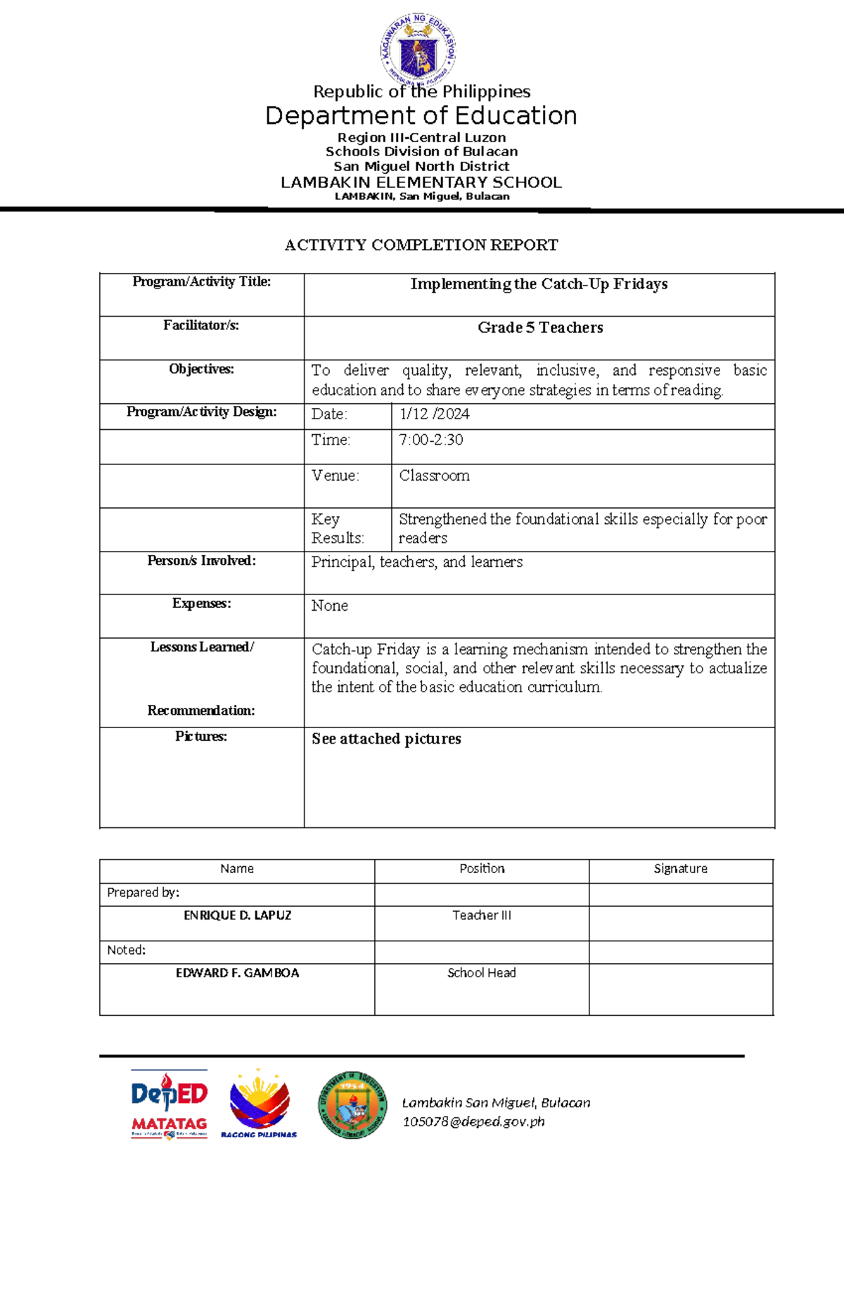 ACR Catch UP ricky - Department of Education ####### Region III-Central ...