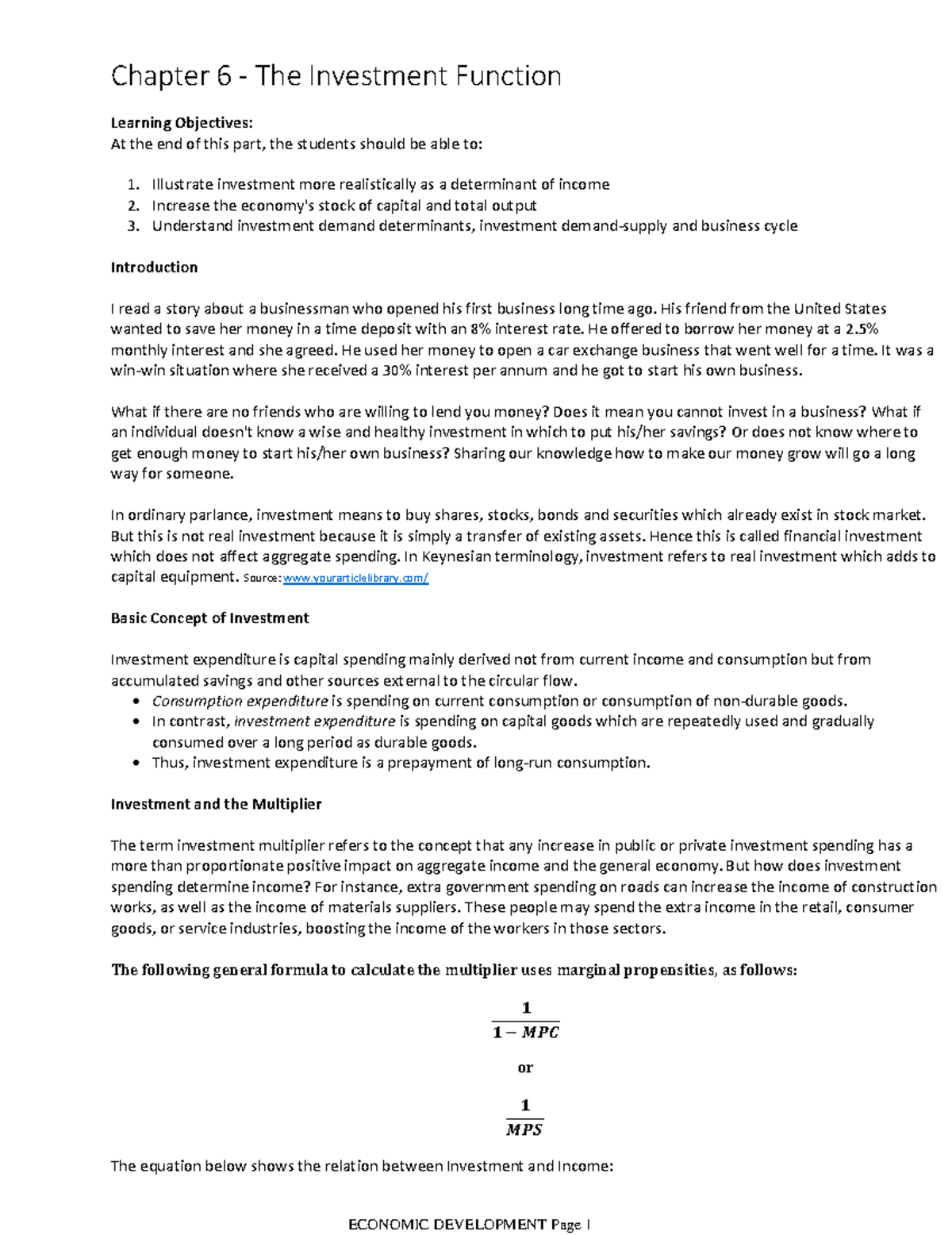 Investment Function PART1 - Management - Studocu