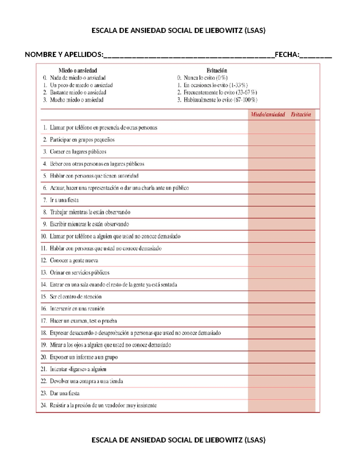 Escala DE Ansiedad LSAS - Psicología de la personalidad - ESCALA DE ...
