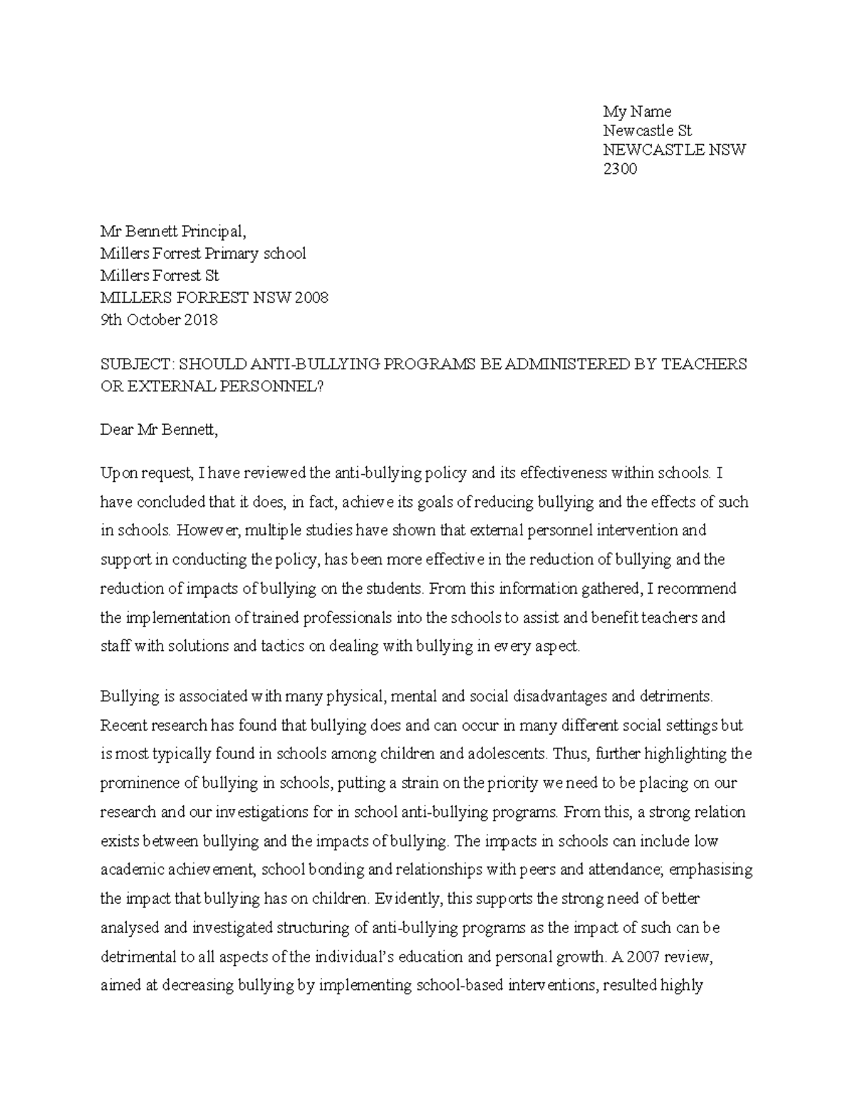 Letter Example 1 - 2nd assignment for EDU1038 - My Name Newcastle St ...