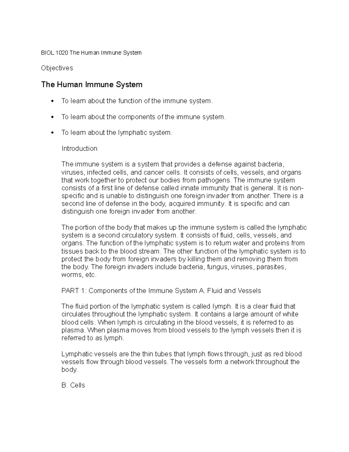Immune system lab - BIOL 1020 The Human Immune System Objectives The ...