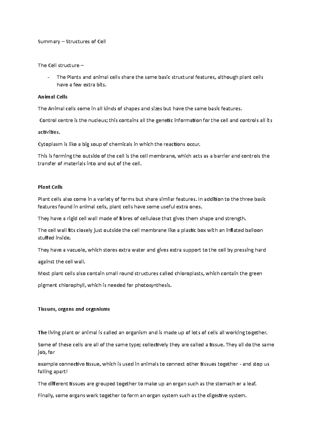 Summary - Structure of Cells - Summary – Structures of Cell The Cell ...