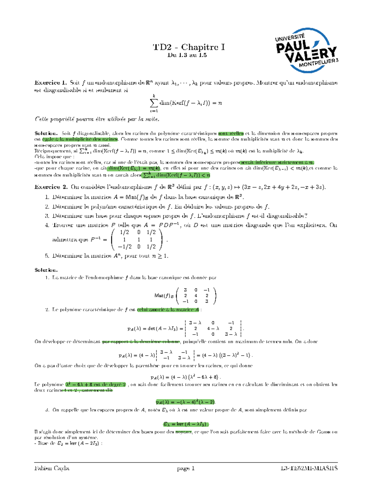 TD2-L3S5-algèbre correction - TD2 - Chapitre I Du I au I. Exercice 1. Soit f un endomorphisme de ...
