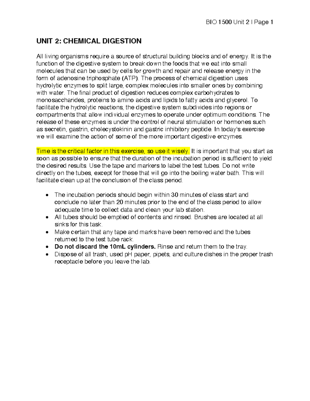 BIO1500 Unit2 Chem Digest (8 22) - UNIT 2: CHEMICAL DIGESTION All ...