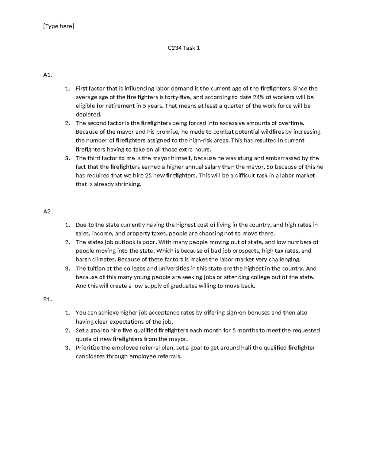 C234 task 1 - Task 1 of the C234 class - [Type here] C234 Task 1 A1. 1 ...