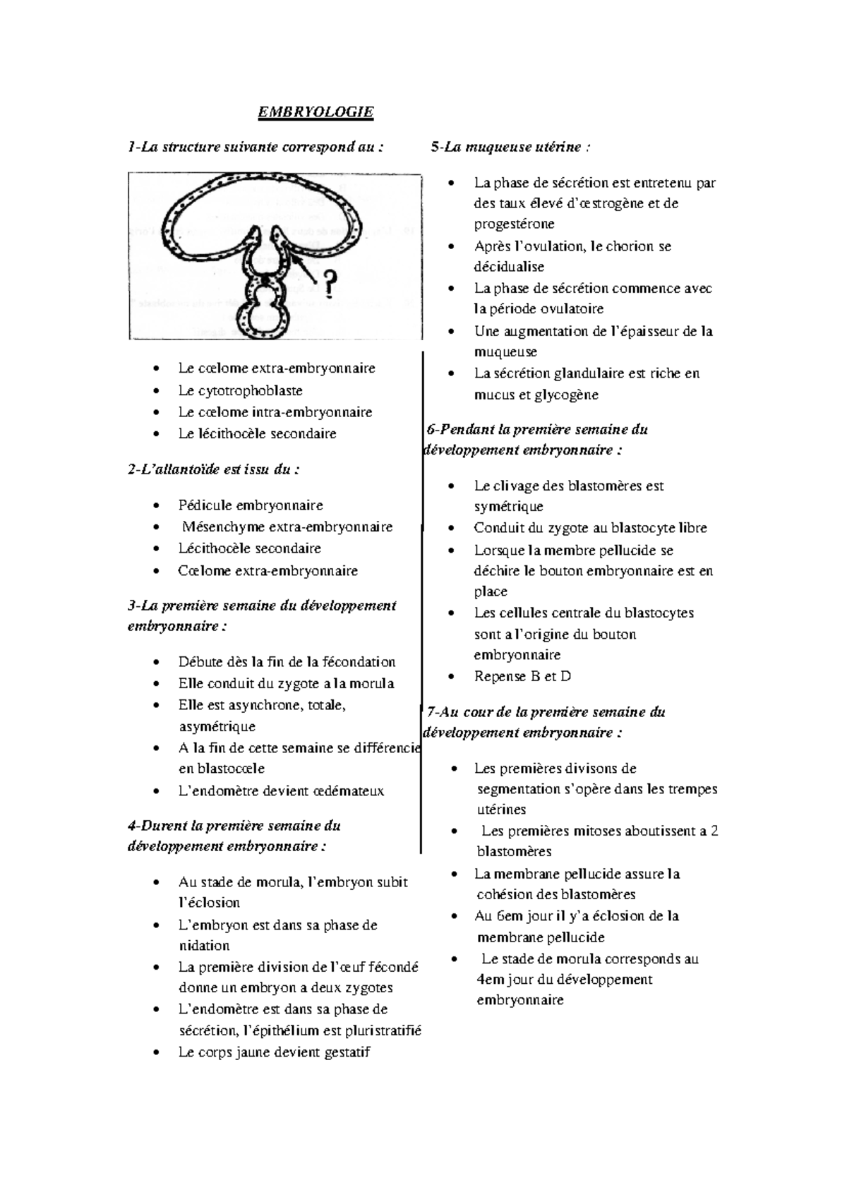 QCM Embryologie - Exercices corrigés - EMBRYOLOGIE 1-La structure ...