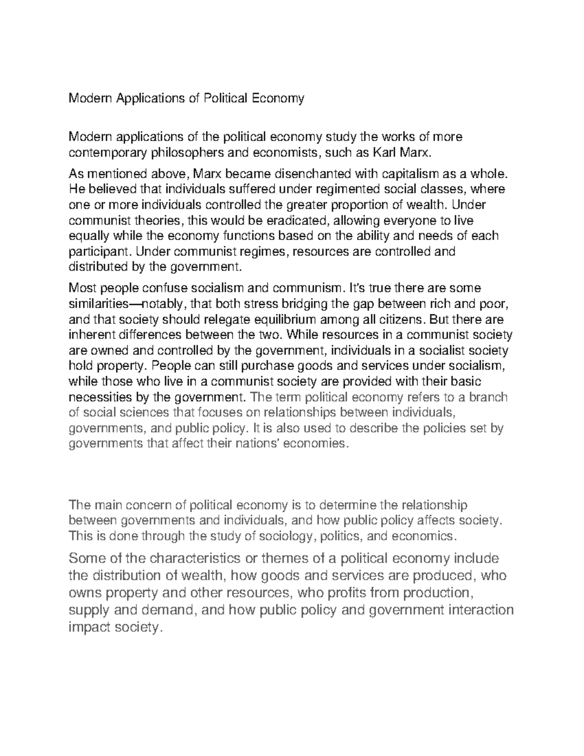 Modern Applications of Political Economy - As mentioned above, Marx ...